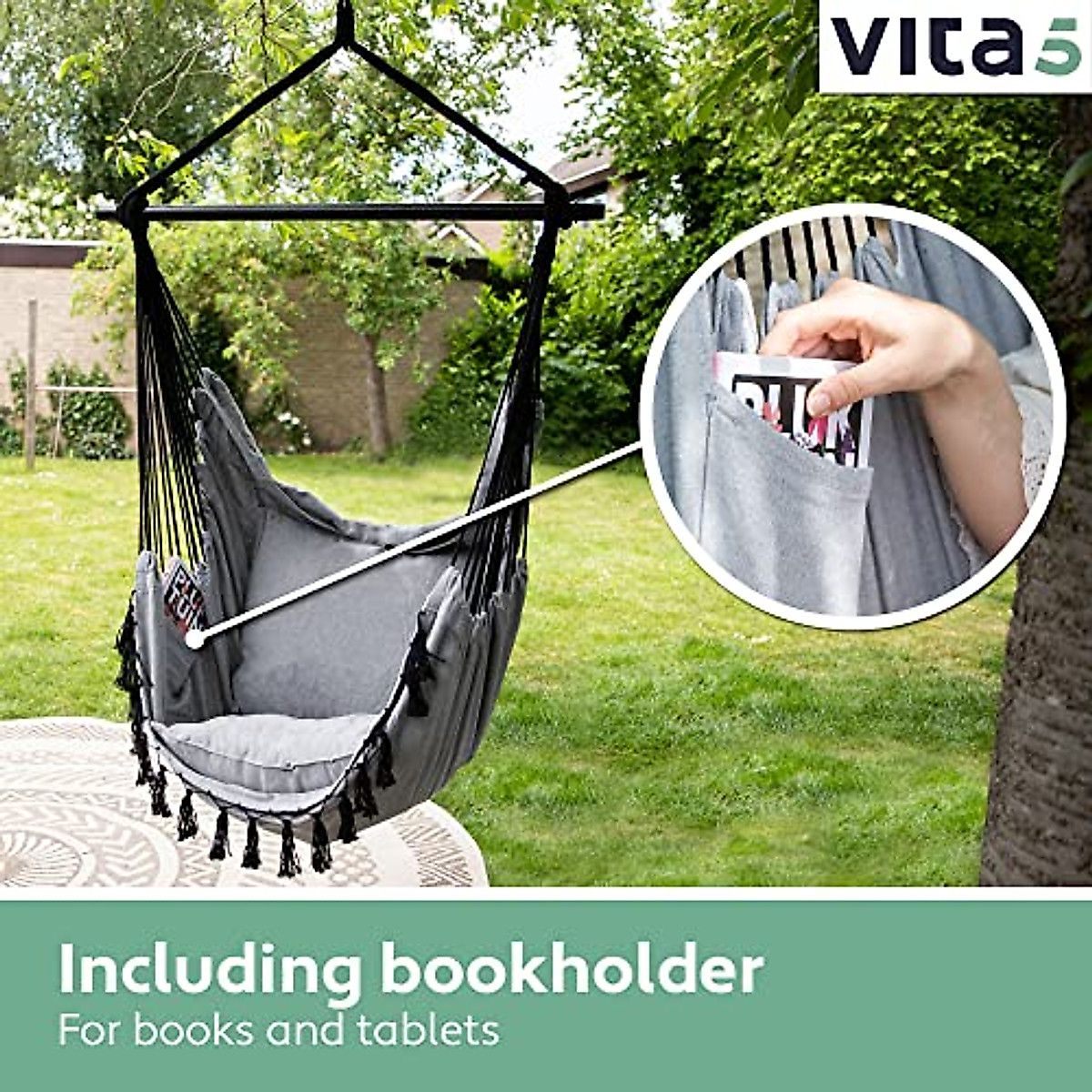 VITA5 Hanging Chair Outdoor & Indoor- Sturdy & Safe Hammock Chair - Stylish Boho Hanging Chair for Bedroom Decor - Easy to Assemble Hammock Swing - Comfy Padded Hanging Swing - Swinging Chair