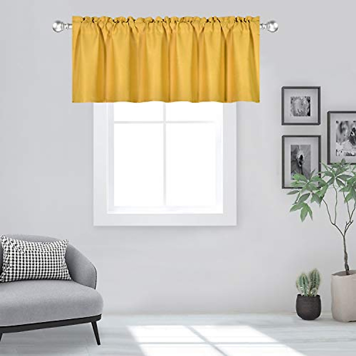 DECOVSUN Gold Yellow Valance for Windows 60x18 Inch Solid Thermal Insulated Blackout Rod Pocket Kitchen Short Curtain Toppers Valance for Bathroom Living Room 1 Panel