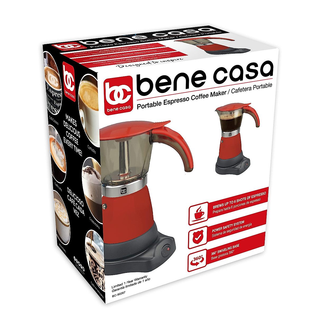 Bene Casa Red Portable Electric Espresso Maker 3 or 6 Cups/Cafetera Roja Portable Electrica Espresso de 3 o 6 Tasas
