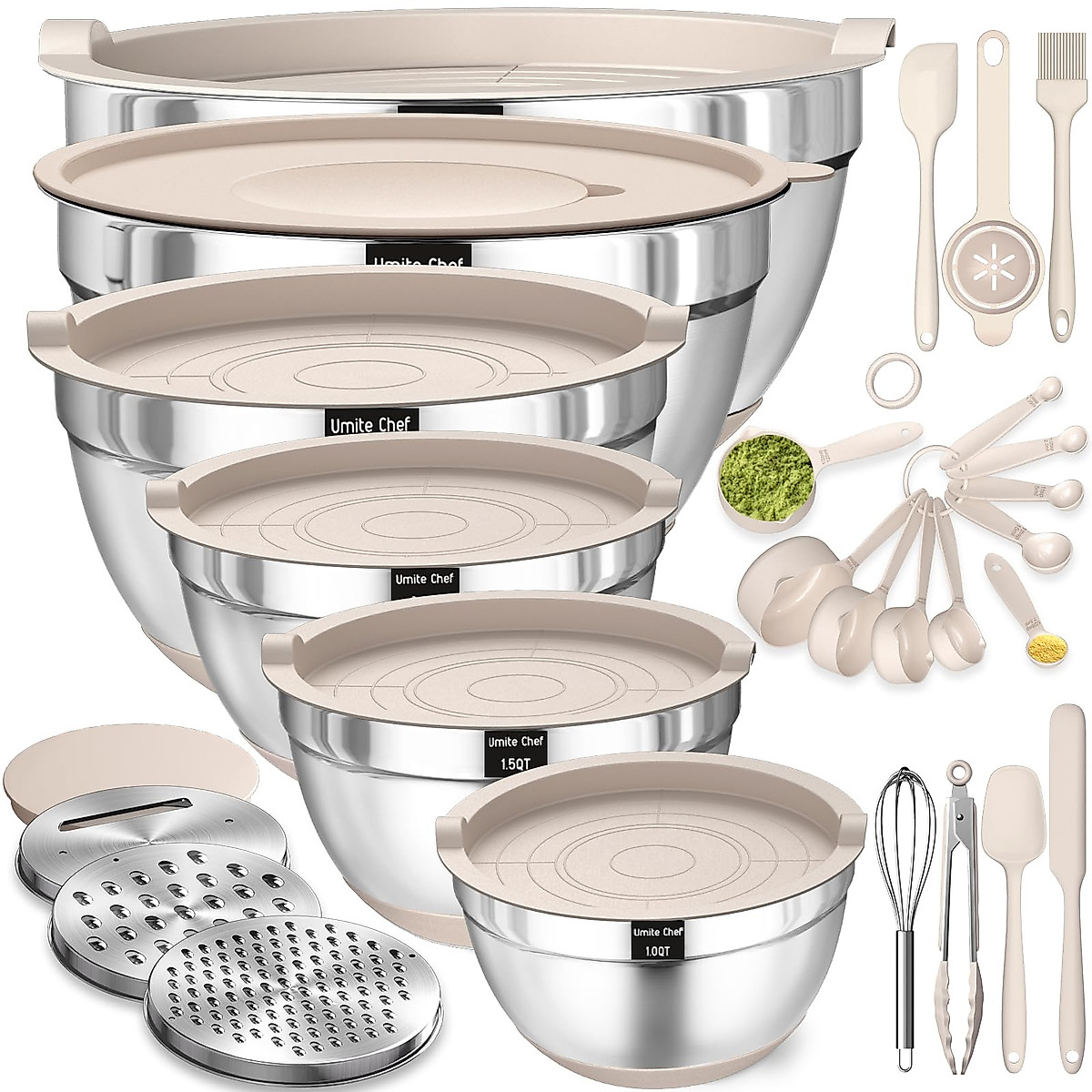 Mixing Bowls with Airtight Lids Set, 26PCS Stainless Steel Khaki Bowls with Grater Attachments, Non-Slip Bottoms & Kitchen Gadgets Set, Size 7, 4, 2.5, 2.0,1.5, 1QT, Great for Mixing & Serving
