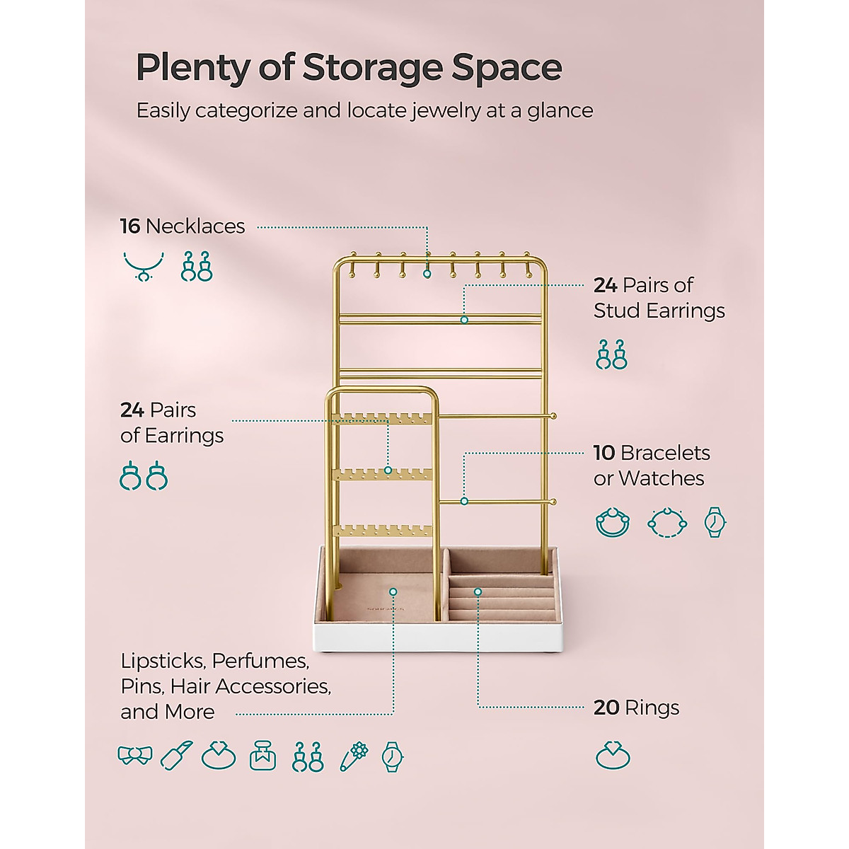SONGMICS Jewelry Holder, Jewelry Organizer, Mother's Day Gifts, Jewelry Display Stand with Metal Frame and Velvet Tray, Necklace Earring Bracelet Holder, for Studs, Rings, Gold Color UJJS021A01
