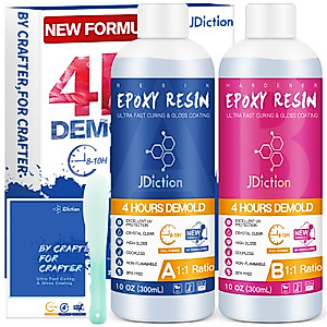 JDiction Fast Curing Epoxy Resin, 4 Hours Demold Upgrade Formula, Fast Curing and Bubbless Epoxy Resin, Crystal Clear Epoxy Resin Kit Self Leveling and Easy Mix for Art, Craft, Jewelry- 20OZ