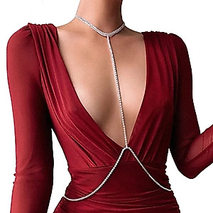 Simple Rhinestone Body Chain Necklace Crystal Choker Bikini Bra Body Chain Jewelry Rhinestone Long Necklace Chain Sexy Waist Belly Chain for Women (Silver)
