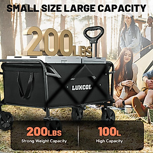LUXCOL Collapsible Folding Outdoor Utility Wagon,Beach Wagon Cart with All Terrain Wheels & Drink Holders,Portable Sports Wagon for Camping, Shopping, Garden and Beach