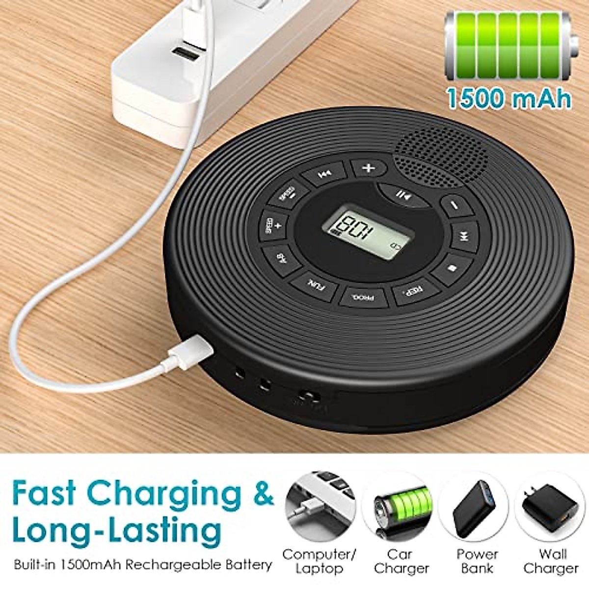 KOVCDVI Portable CD Player for Car Bluetooth CD Player with Speakers 1500mAh Rechargeable Battery Personal CD Players with Display Headphones Memory Function PROG Repeat Mode Supports USB MP3 AUX Play