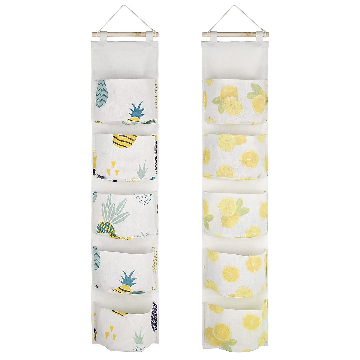 LASZOLA 2Pcs Over The Door Hanging Storage Bag, Waterproof Wall Closet Organizer Linen Fabric Stylish Mount Organizer with 5 Pockets for Bedroom Bathroom Kitchen (Pineapple+Lemon)