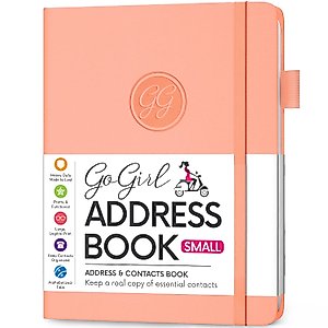 GoGirl Address Book – Telephone and Address Book with Alphabetic Tabs for Safely Storing Contacts, Small-Sized (4.0″ x 5.5″) PU Leather Hardcover – Peach Pink