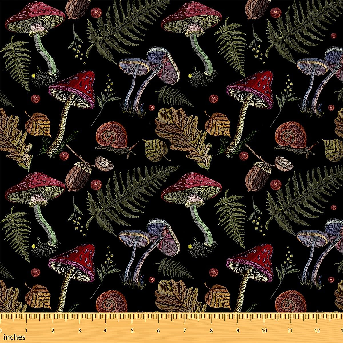 Wild Mushroom Fabric by The Yard,Farmhouse Cabin Style Upholstery Fabric for Chairs,Jungle Snail Leaves Print Waterproof Outdoor Fabric,2 Yards,72" L x 59" W,Red Green