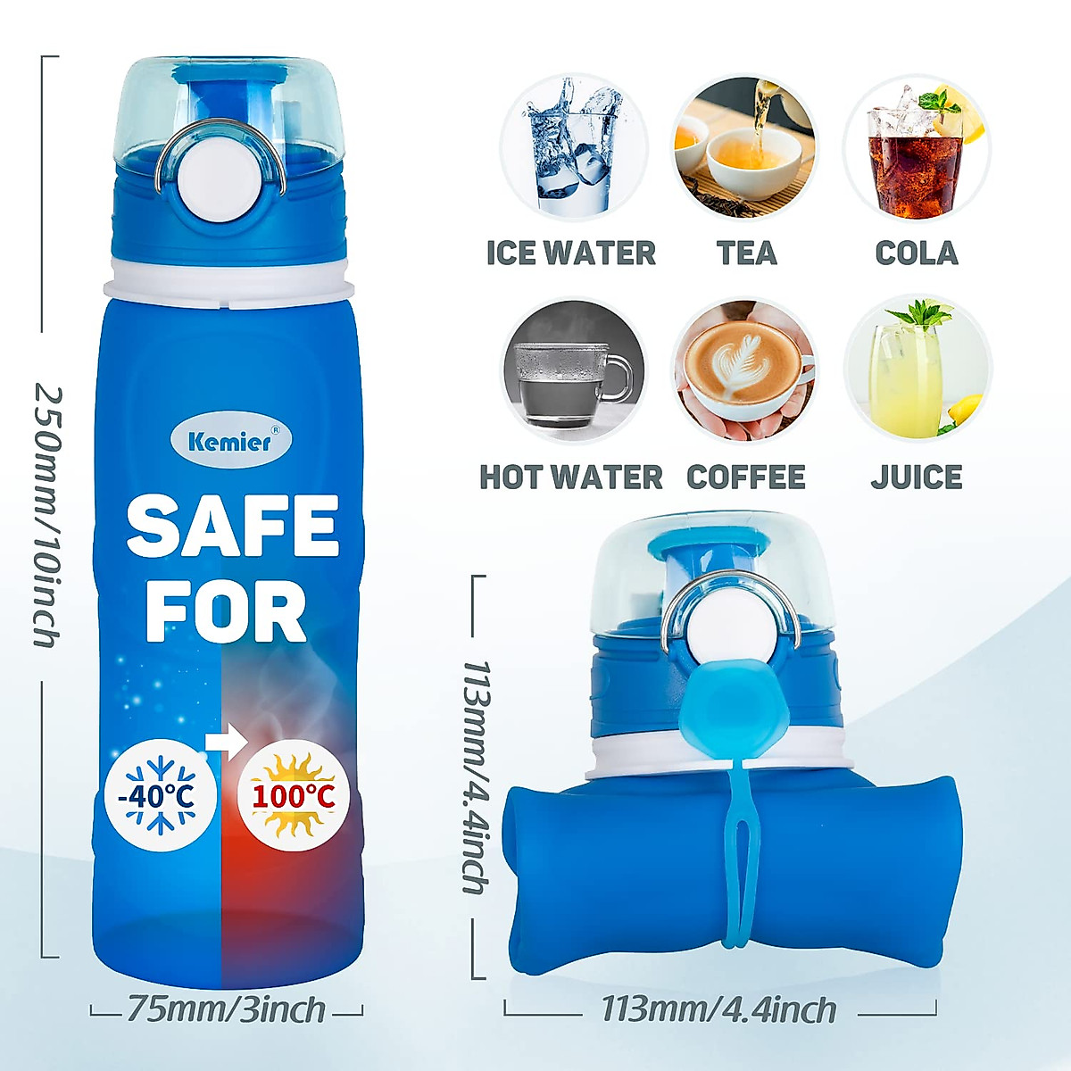 Kemier Collapsible Silicone Water Bottles-750ML,Medical Grade,BPA Free.Can Roll Up,26oz,Leak Proof Foldable Sports & Outdoor Water Bottles (Blue)