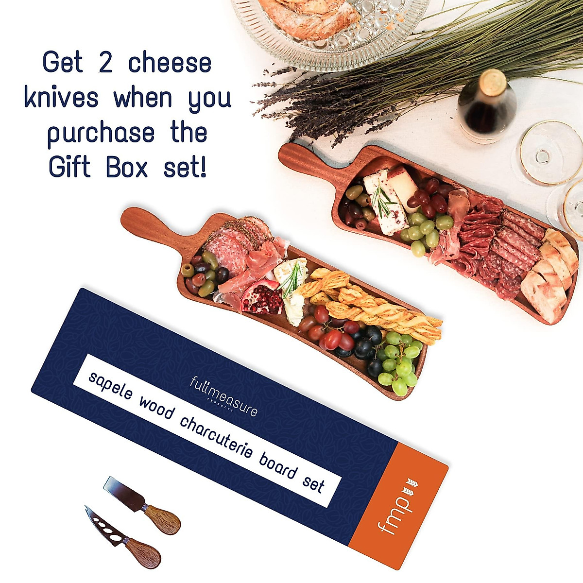 Wooden Cheese Board & Charcuterie Set with Handles - Set of 2 Wooden Tongs, 2 Cheese Knives - Can be Used as Meat Tray, Cheese Tray, Serving Board or Long Serving Platter.