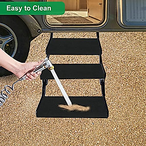 BLACKHORSE-RACING RV Steps Covers Rugs 3 Pack, 18" Inch Wide RV Camper Step Stair Covers, Wrap Around Camper Stair Rugs Radius Carpet with Spring Hooks, Black