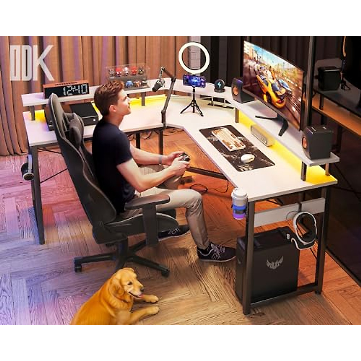 ODK L Shaped Gaming Desk with LED Lights & Power Outlets, 51" Computer Desk with Full Monitor Stand, Corner Gaming Table with Hooks & Cup Holder, White