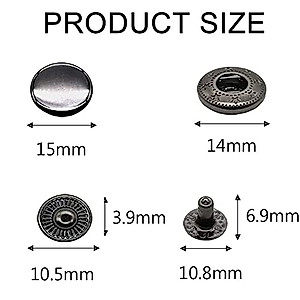 24 Sets Heavy Duty Leather Snap Fasteners Kit, BetterJonny 15mm Metal Snap Buttons Press Studs Leather Rivets Snaps with 4 Setter Tools for Clothes Bracelet Jackets Jeans Gun Black
