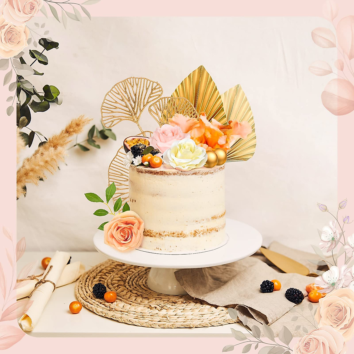 Flower Cake Toppers Boho Cake Decorations Happy Birthday Cake Toppers with Artificial Rose Gold Palm Leaves Ginkgo Leaves and Balls for Mother's Day Birthday Party Wedding Baby Shower
