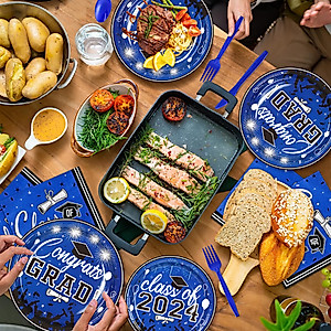 LELEMON Graduation Party Supplies Serves 25 Graduation Party Blue Class of 2024 Tableware Disposable Dinner Plates Dessert Plates Napkins Knife Fork Spoon for Congrats Grad Party Decorations