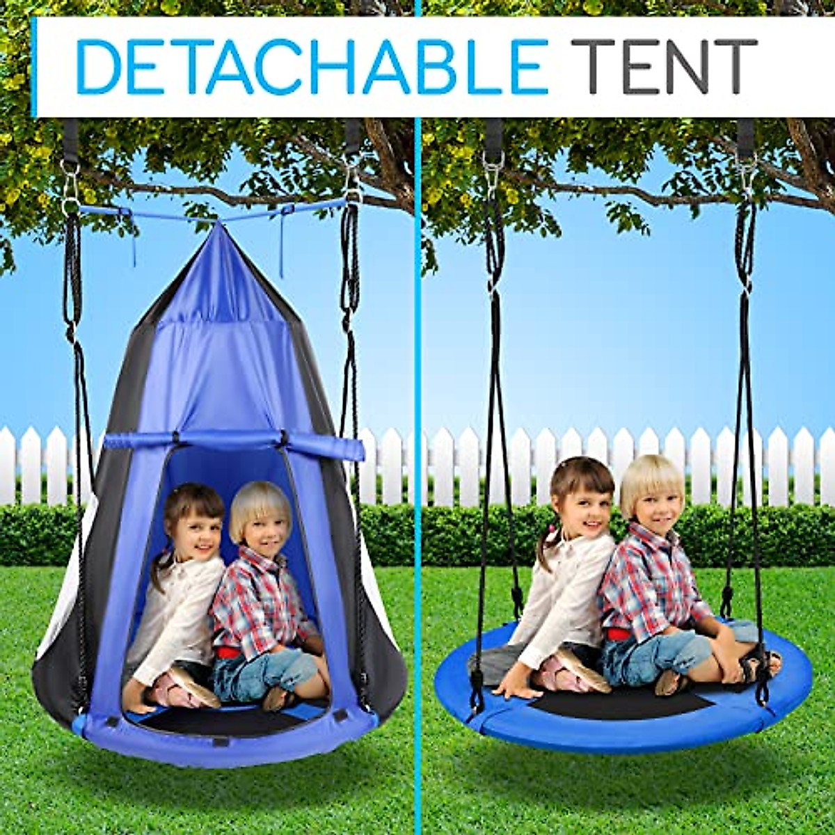 SereneLife Hanging Tent Swing with Hang Kit, Outdoor Tree Swing with Swivel Spinner for Kids (Blue)