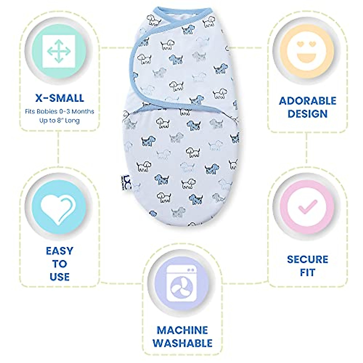 Delta Children Little Lambs Adjustable Swaddle Wrap - 100% Cotton - Size Extra Small, Fits Babies 0-3 Months/4-7 lbs., 1-Pack, Boy, Blue
