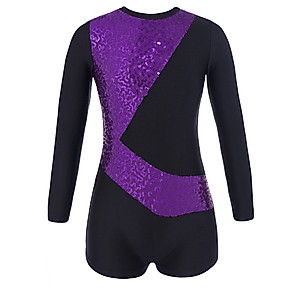 Kvysinly Girl's One Piece Sparkle Long Sleeve Gymnastics Leotards with Shorts Unitard Jumpsuit Biketard Dancewear Purple 6 Years