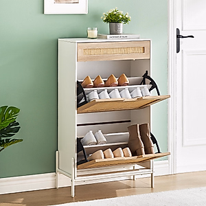 IDEAHOUSE Rattan Shoe Cabinet with 2 Flip Door & 1 Drawer - Wooden Free Standing Shoe Rack for Entryway, Hallway, Living Room (White)