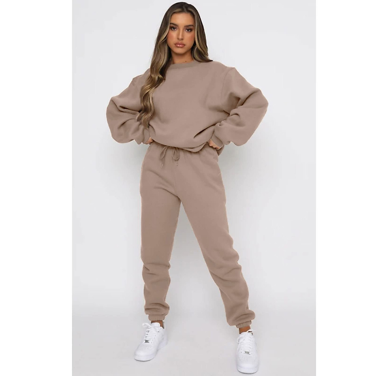 Alunzoem Tracksuit for Women Set Sweat Suit 2 Piece Pullover Solid Sweatshirt Long Pants Outfits Lounge Set Khaki M