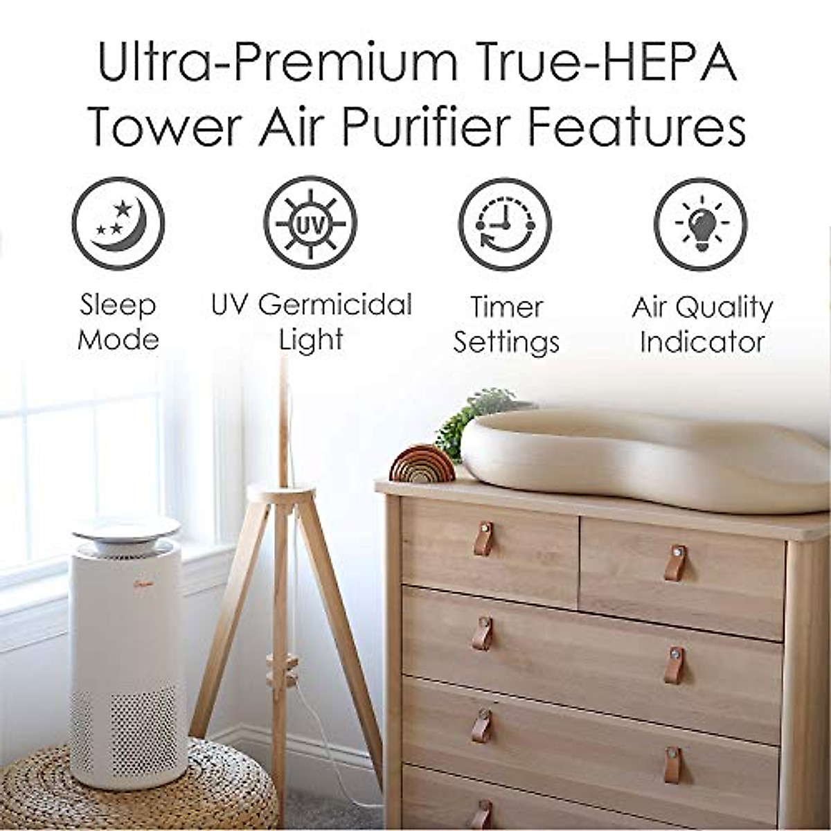 Crane Air Purifier with True HEPA Filter, Germicidal UV Light, 500 Sq Feet Coverage, Timer Function, Sleep Mode, Built in Air Quality Monititor, EE-5069,Blue and White,10.25 Pound