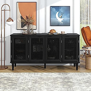 Merax Black Modern Rustic Wood Buffet Sideboard with Storage Shelf, 4 Rattan Doors Coffee Bar Cabinet TV Stand for Bedroom Living Dinning Room Kitchen, 1 Set