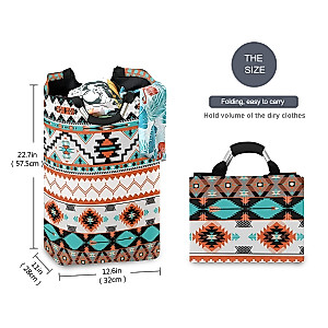 Aztec Ethnic Large Laundry Hamper, Boho Chevron Laundry Baskets with Handle, Oxford Storage Basket, Portable Folding Clothes Hamper for Nursery, College Dorm, Bedroon, Bathroom