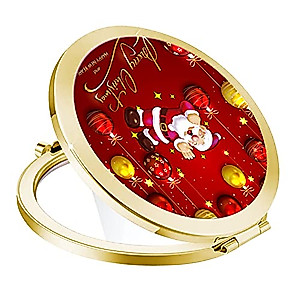 LONNAONE Compact Mirror for Women,Round Mini Pocket Travel Makeup Mirror,Pretty Portable Folding Small Pocket Mirror for Handbag,Purse,Double Sided Handheld Pocket Mirror(Golden Happy Christmas