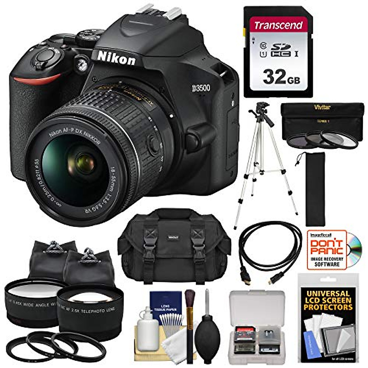 Nikon D3500 Digital SLR Camera & 18-55mm VR DX AF-P Lens with 32GB Card + Case + Tripod + 2 Lens Kit (Renewed)