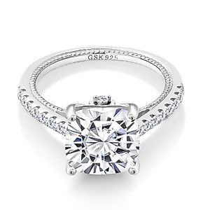 Gem Stone King 925 Sterling Silver White Created Sapphire and White Moissanite Engagement Ring For Women (5.27 Cttw, Available In Size 5, 6, 7, 8, 9)