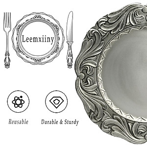 Leemxiiny Antique Silver Charger Plates with Embossed Edge, Plastic Flora Decorative Chargers for Dinner Plates Set of 6 Bulk Wedding for Table Setting, Party, Holiday