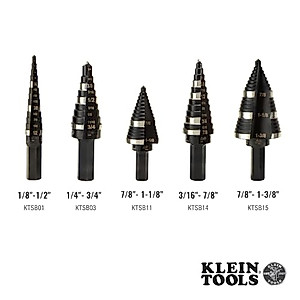 Klein Tools KTSB15 Step Drill Bit #15 Double Fluted 7/8 to 1-3/8-Inch with Easy-to-Read Step Markings and Targets, 3/8-Inch Hex Shank