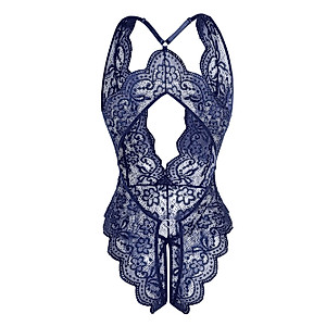 LadyIn Women's Sexy Lingerie One Piece Women Deep V Teddy Floral Lace Bodysuit Babydoll Navy Blue