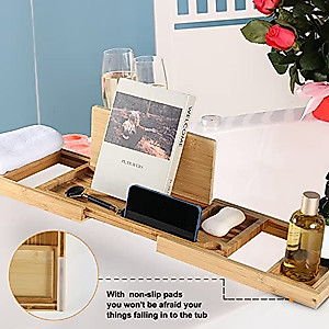 Bamboo Bathtub Caddy Tray, Expandable Bath Tray Table for Tub with Wine Glass Slot Book Phone Tablet Holder, Adjustable Bathroom Bathtub Organizer for Relaxing Bath Gift Idea