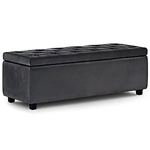 SIMPLIHOME Hamilton 48 inch Wide Rectangle Lift Top Storage Ottoman in Upholstered Distressed Black Tufted Faux Leather with Large Storage Space for Living Room, Entryway, Bedroom, Transitional
