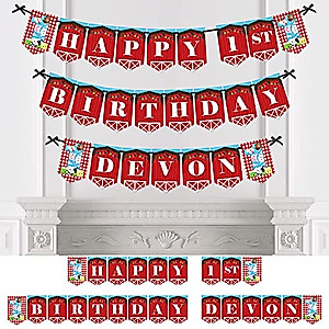 Big Dot of Happiness Personalized 1st Birthday Farm Animals - Custom Barnyard First Birthday Party Bunting Banner and Decorations - Happy 1st Birthday Custom Name Banner