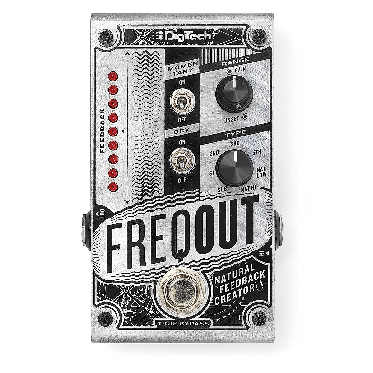 Digitech FREQOUT Natural Feedback Creator Pedal Bundle with 9V Power Supply, 2 Patch Cables and 6 Assorted Dunlop Picks