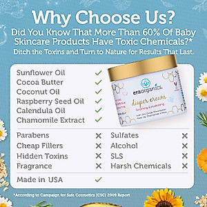 Era Organics Diaper Rash Cream For Baby - Extra Soothing and Moisturizing with Zinc Oxide, Organic Aloe Vera, Chamomile, Calendula Plus More - Gentle Butt Rash Moisturizer