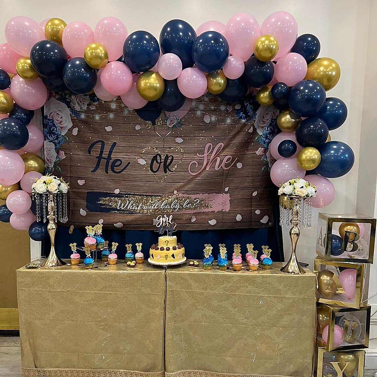 Navy Blue Baby Pink Balloon Arch Garland Kit-124pcs, 4 Sizes Navy Blue Balloons Baby Pink Balloons-Party Decorations for Baby Shower, Bridal Shower, Birthday Party, Graduation, Celebrations