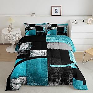jejeloiu Abstract Turquoise and Black Bedding Set Queen Size, Grunge Teal Ombre Comforter Set Gray Black Blue Stripe Comforter for Kids Toddler Abstract Art Duvet Set Lightweight Quilt Set Queen Size