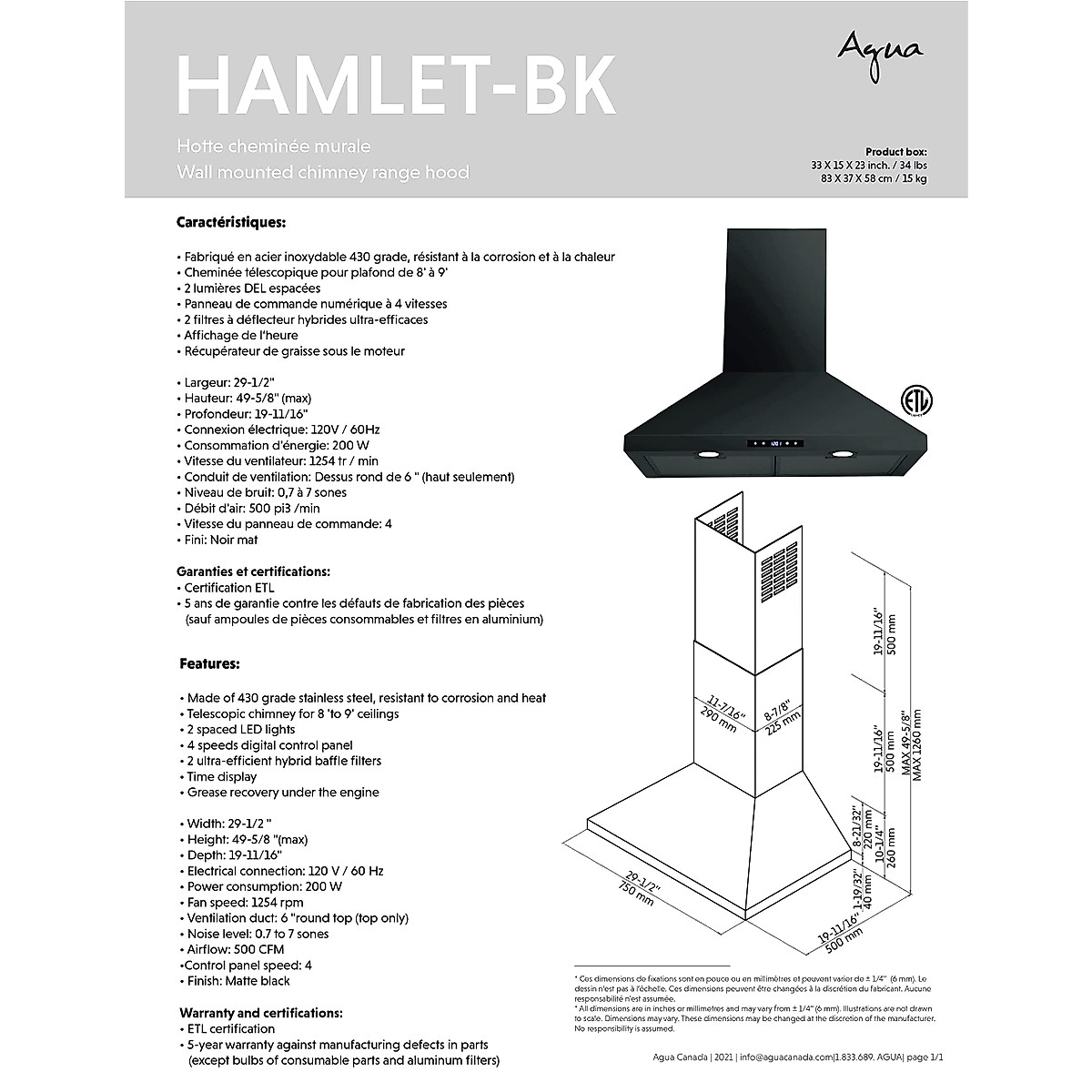 Agua Canada Range Hood Pyramid Stainless Steel Wall Mount, 30 Inches 500 CFM w Leds lights Hamlet.