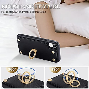 LAMEEKU Wallet Case for iPhone XR, Finger Kickstand Ring Holder Leather Case with Card Holder Slot Money Pocket 360°Rotation Metal Ring Grip Stand Cover for Apple iPhone XR 6.1''-Black