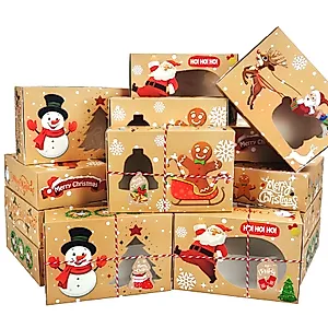 NC 20PCS Christmas Cookie Boxes with Window Large Holiday Food Bakery Treat Boxes for Gift Giving Pastry Candy Party Favors Christmas Kraft Gift Boxes with Ribbons and DIY Gift Tags