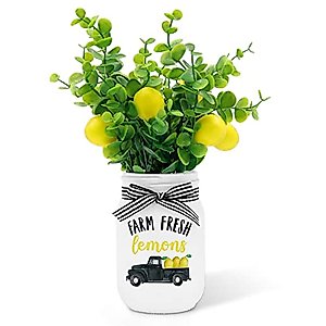 Farm Fresh Lemons Kitchen Decor Mason Jar Floral Arrangement Table Centerpiece with Artificial Fake Lemons Branch Buffalo Plaid Bowknot Summer Lemonade Farmhouse Display for Spring Home Tiered Tray