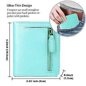 FUNTOR Small Wallets for Women, Ladies Small Compact Bifold Pocket RFID Blocking Genuine Leather Wallet for Women, BlingGreen