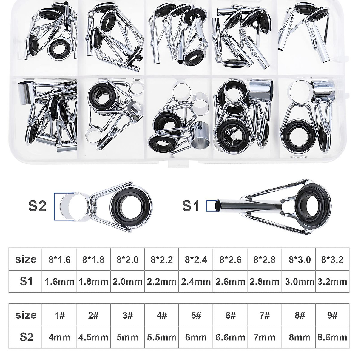 eMagTech 36PCS 1.6-8.6mm Fishing Rod Tips Repair Kit Fishing Rod Rings Guide Stainless Steel Fishing Replacement Parts for Saltwater Freshwater