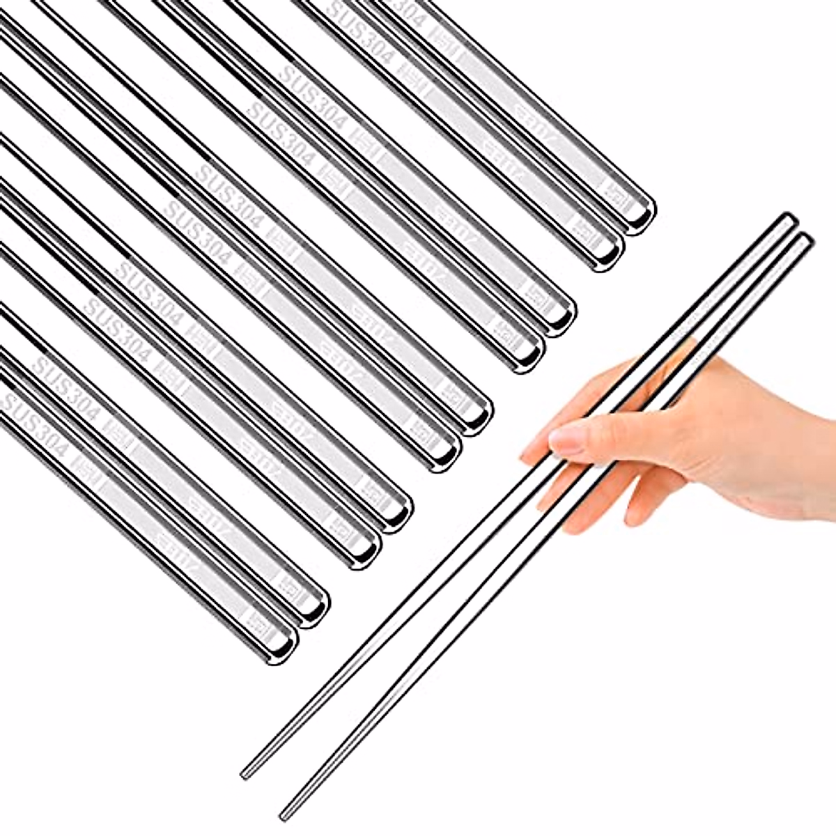 YTLX 5 Pairs Premium Stainless Steel Metal Chopsticks, Reusable Silver Chopsticks Dishwasher Safe, Square Lightweight Non-Slip Chop Sticks Easy to Use for Home Kitchen Hotel Restaurant