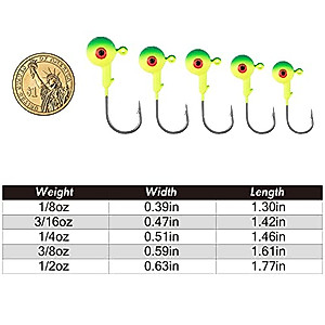 Alwonder 10 Pack Round Fishing Jig, Bass Ball Jigs 3D Eyes High Carbon Steel Jig Hooks Bass Lures Jig Heads Freshwater Saltwater Surf Fishing Jigs for Walleye Striper Pompano, Green-1/8oz