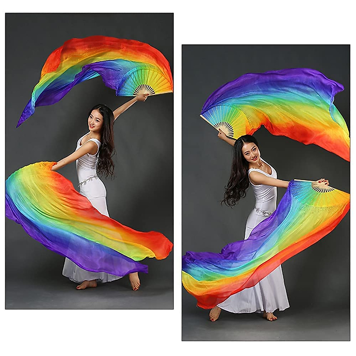 Nimiman Women 1 Pair (Left+Right) Silk Belly Dance Fan Veil Belly Dancing Long Hand Fan Length 150 cm Width 90 cm (Rainbow)