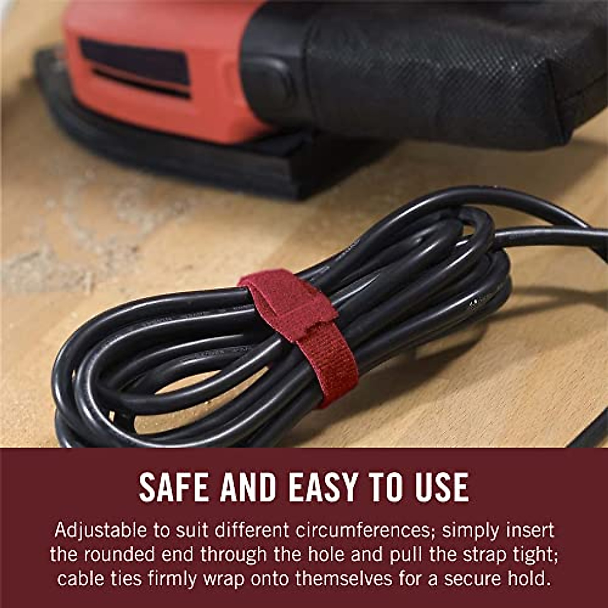 VELCRO Brand Fire Retardant Cable Ties | 50pk ONE-WRAP FR Cable Straps for Contractors, Installers or Home Use | 8 Inch PreCut Cable Management Ties | Cranberry